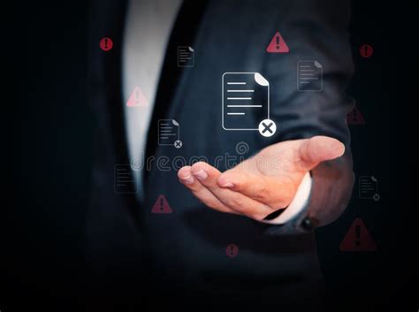 Error And Corrupted File Accessing Concept With Floating On The Hand Red Alarming Signs Showing