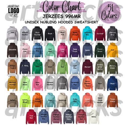 Jerzees 996mr Size And Color And Feature Chart No Editable Etsy