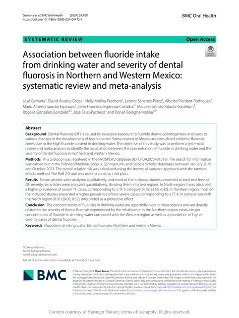 Pdf Association Between Fluoride Intake From Drinking Water And