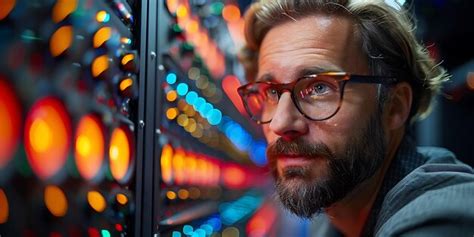 Network Engineer Working In Server Room Connecting Network Cables To Switches Premium Ai