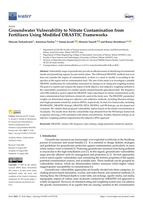 Pdf Groundwater Vulnerability To Nitrate Contamination From Fertilizers Using Modified Drastic
