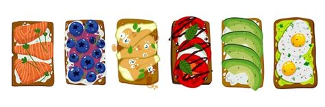 다양한 토핑과 재료를 넣은 다양한 토스트 세트 건강한 음식 프리미엄 벡터