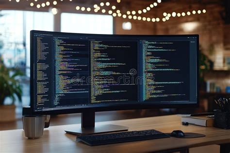 digital matrix close up of glowing computer screens displaying lines of complex code