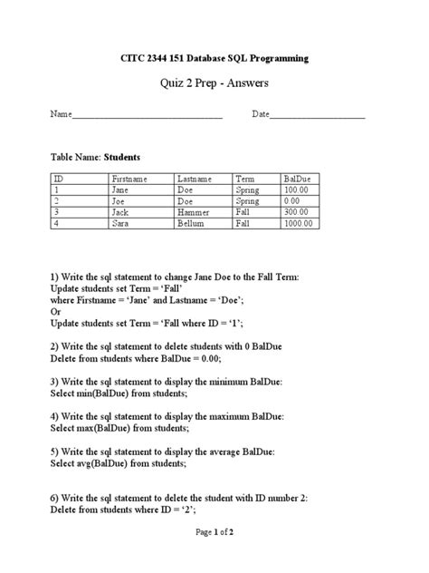 Quiz 2 Prep Answers Citc 2344 151 Database Sql Programming Pdf