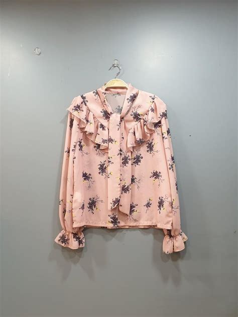 여성블라우스 핑크 프릴 넥리본 시스루블라우스 55 6 세컨웨어헬로마켓