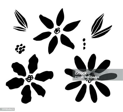 꽃 나뭇잎 검은 실루엣 세트 꽃 요소 벡터 드로잉 봄 여름 컬렉션 0명에 대한 스톡 벡터 아트 및 기타 이미지 0명 개화기 검은색 Istock