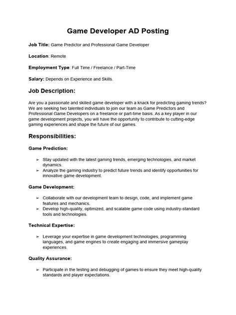 Game Developer Ad Posting Pdf