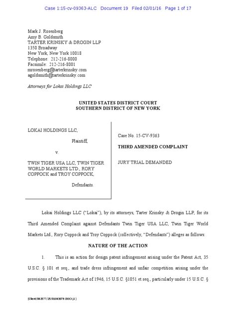 Lokai Holdings V Twin Tiger Complaint Pdf Trade Dress Patent Infringement