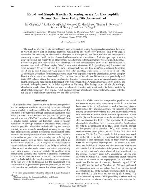 Pdf Rapid And Simple Kinetics Screening Assay For Electrophilic Dermal Sensitizers Using