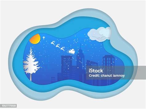 메리 크리스마스와 새 해 복 많이 받으세요 개념 양말입니다 벡터 도시에 선물을 주고 예술 및 공예 스타일 종이 오는 하늘에 산타 클로스의 그림 겨울에 대한 스톡 벡터 아트