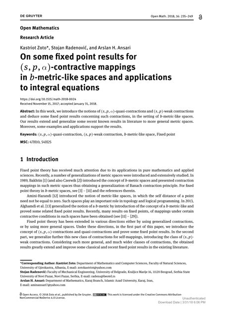Pdf On Some Fixed Point Results For Fi Psi Spα−contractive Mappings In B Metric Like Spaces