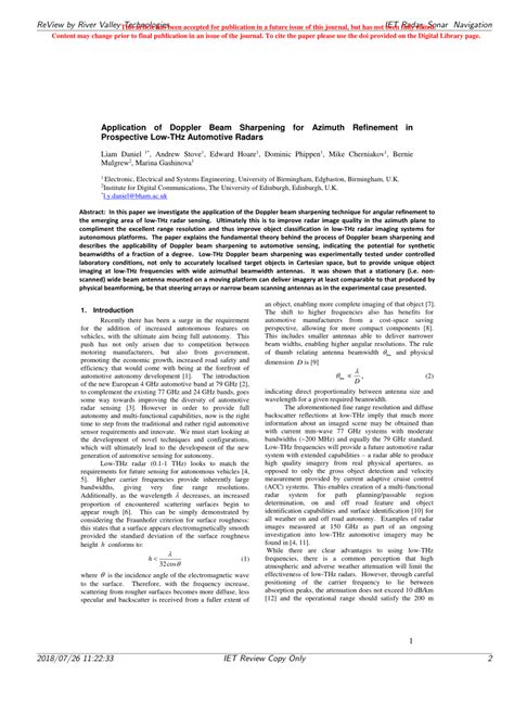 Pdf Application Of Doppler Beam Sharpening For Azimuth Refinement In Prospective Low Thz