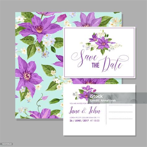 클레 마티스 꽃 웨딩 초대장 템플릿입니다 열 대 꽃 엽서 생일 기념일 인사말에 대 한 날짜 카드 이국적인 꽃 로맨틱 디자인을 저장 합니다 벡터 일러스트 레이 션 결혼식에
