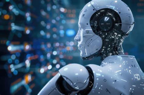 futuristic robots are analyzing data on digital screens in a hightech
