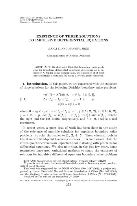Pdf Existence Of Three Solutions To Impulsive Differential Equations
