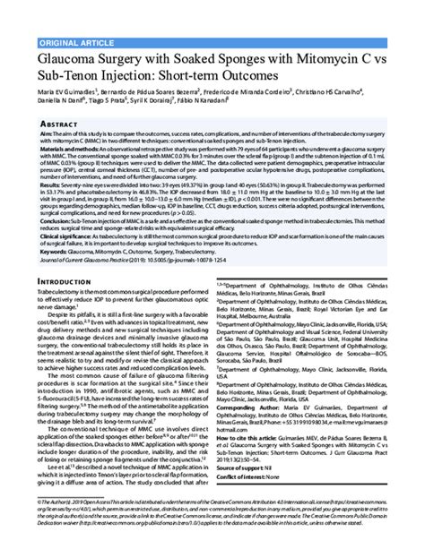 Pdf Glaucoma Surgery With Soaked Sponges With Mitomycin C Vs Sub Tenon Injection Short Term
