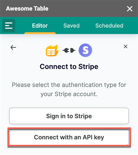 log in the stripe connector with an api key documentation — awesome table support