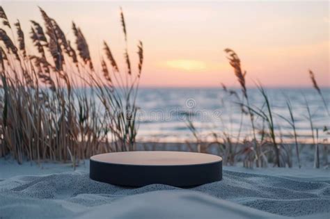 A Black Circular Platform Set Against A Sandy Beach And Golden Sunset Sky Stock Illustration