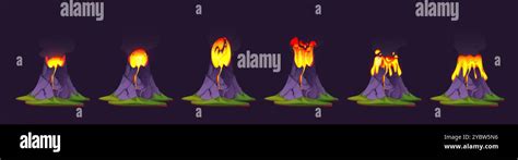 Volcano Eruption Animation Set Isolated On Black Background Vector Cartoon Illustration Of Hot