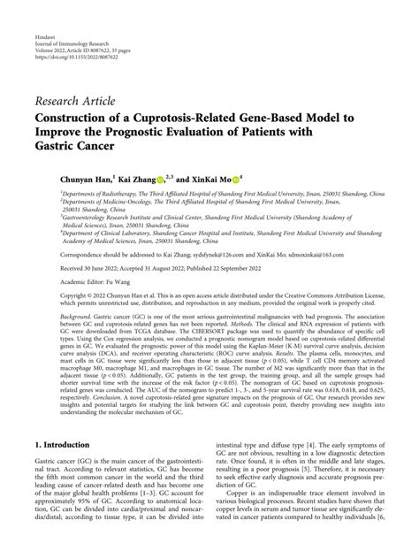 Pdf Construction Of A Cuprotosis Related Gene Based Model To Improve