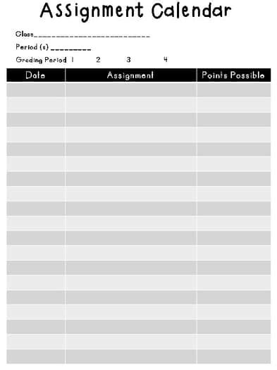 Grade Sheet And Assignment Calendar Tpt