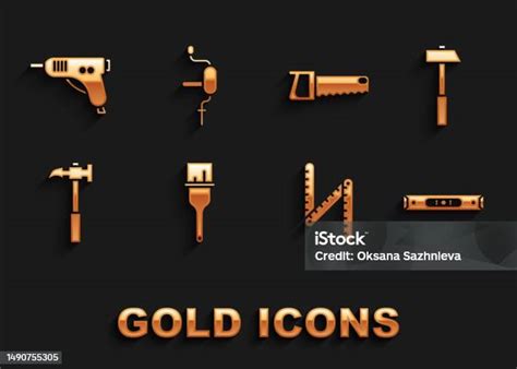 페인트 브러시 망치 건설 거품 수준 접는 눈금자 발톱 망치 손 톱 전기 핫 글루건 및 드릴 아이콘을 설정합니다 벡터 갈고리 발톱에 대한 스톡 벡터 아트 및 기타 이미지