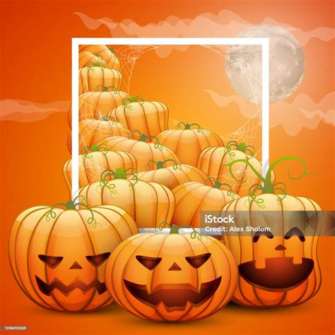쾌활한 할로윈 호박과 준비 벡터 인사말 카드 주황색 배경에 가을에 대한 스톡 벡터 아트 및 기타 이미지 가을 개체 그룹 거미 Istock