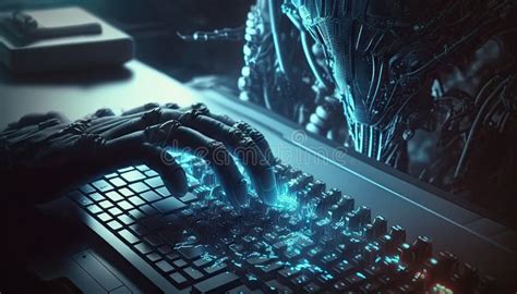 Futuristic Cyber Hand Using Laptop And Typing Keyboard Technology In Future Writing