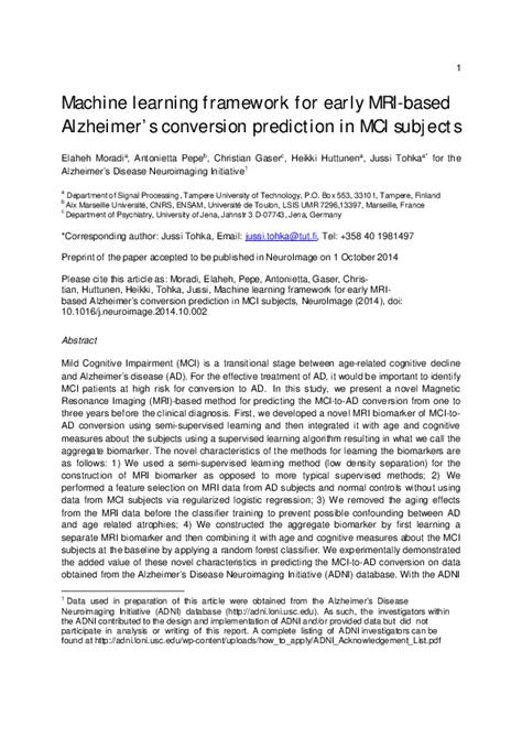 Pdf Machine Learning Framework For Early Mri Based Alzheimers Conversion Prediction In Mci