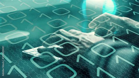 Cybercrime In Digital World Network Computer Binary Numbers And Hacker Typing On Keyboard Stock