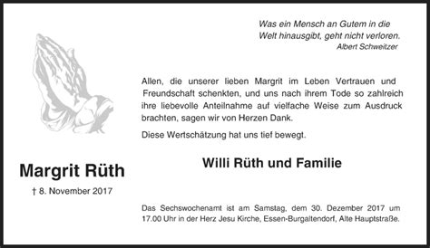 Traueranzeigen Von Margrit Rüth Trauer In Nrw De