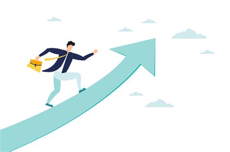 일자리 향상 성장의 진로 비즈니스 컨셉을 얻기 위한 업무 또는 리더십의 성공 하늘에 화살을 달리는 서류 가방이 있는 양복을 입은 똑똑한 사업가 벡터 개념에 대한 스톡 벡터