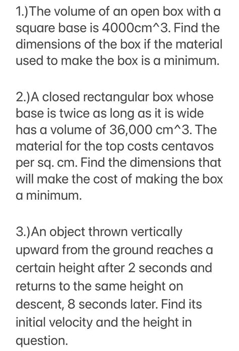 Solved The Volume Of An Open Box With A Square Base Is Chegg Com