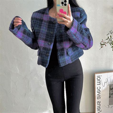 노카라 퍼플 체크 크롭 울 자켓 체크크롭울자켓 체크울자켓 체크크롭자켓 체크모직자켓 체크모직크롭자켓2col 에이블리