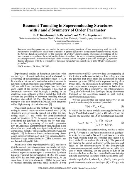 Pdf Resonant Tunneling In Superconducting Structures With S And D Symmetry Of Order Parameter