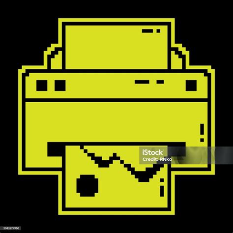 픽셀 실루엣 아이콘입니다 잉크젯 프린터 사무실에서 복사기를 사용하여 문서를 인쇄합니다 간단한 검정색과 노란색 벡터 Gui 위젯에