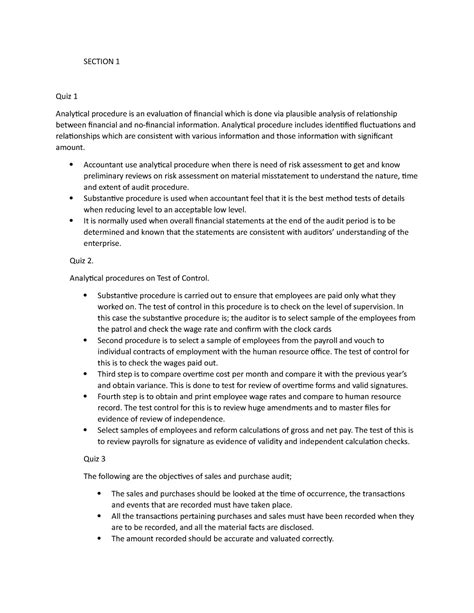 Auditing Section 1 Quiz 1 Analytical Procedure Is An Evaluation Of