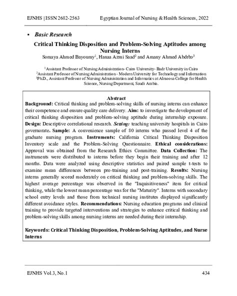Pdf Critical Thinking Disposition And Problem Solving Aptitudes Among Nursing Interns