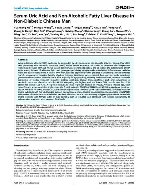 Pdf Serum Uric Acid And Non Alcoholic Fatty Liver Disease In Non Diabetic Chinese Men