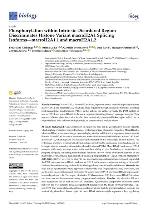 Pdf Phosphorylation Within Intrinsic Disordered Region Discriminates Histone Variant Macroh2a1