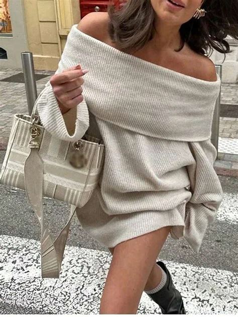 Inawly Plus Size Women Off Shoulder Long Sleeve Loose Casual Knitted