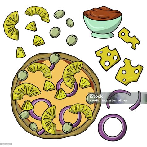 파인애플 조각으로 피자를 만들기위한 아이콘 세트 만화 스타일의 벡터 일러스트 레이 션 건강에 좋지 않은 음식에 대한 스톡 벡터 아트 및 기타 이미지 건강에 좋지 않은