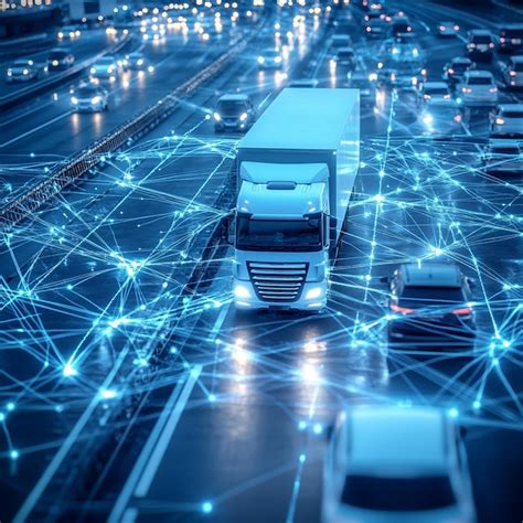 Network Of Vehicles Trucks And Cars On The Highway With Digital Connections Between Them