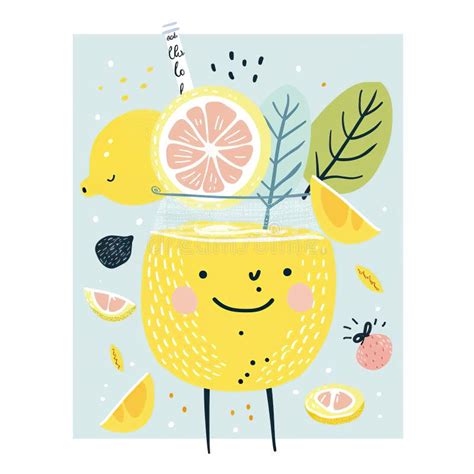 Cute Hand Drawn Happy Lemonade Illustration In Cartoon Style Stock