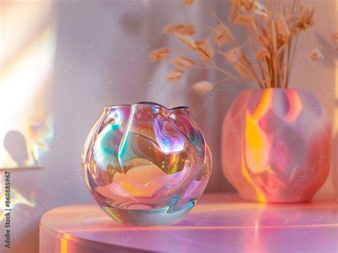 말린 꽃을 배경으로 파스텔 톤 테이블 위에 무지개 빛깔의 유리 꽃병이 놓여 있습니다 Foto De Stock Adobe Stock