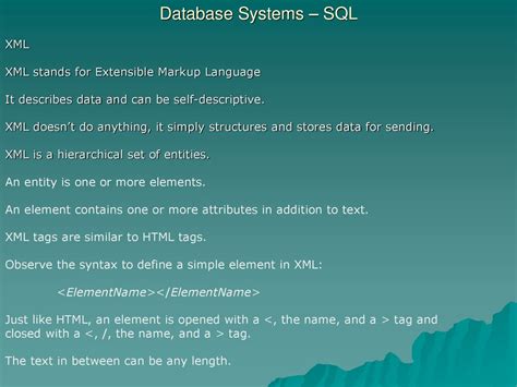 Database Systems Sql Xml Xml Stands For Extensible Markup Language