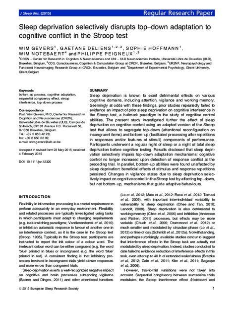 Pdf Sleep Deprivation Selectively Disrupts Cognitive Control In The