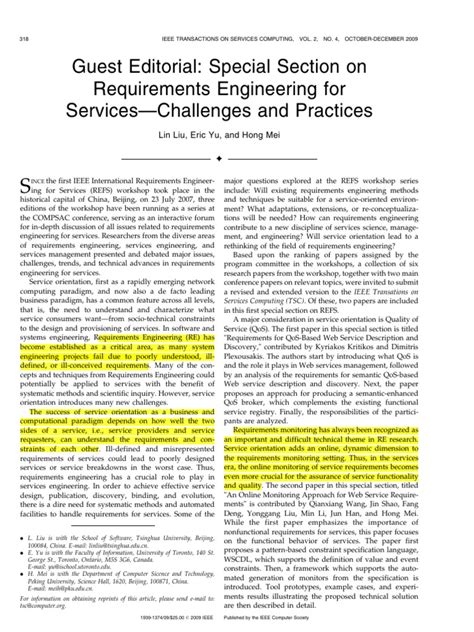 Guest Editorial Special Section On Requirements Engineering For Serviceschallenges And Practices