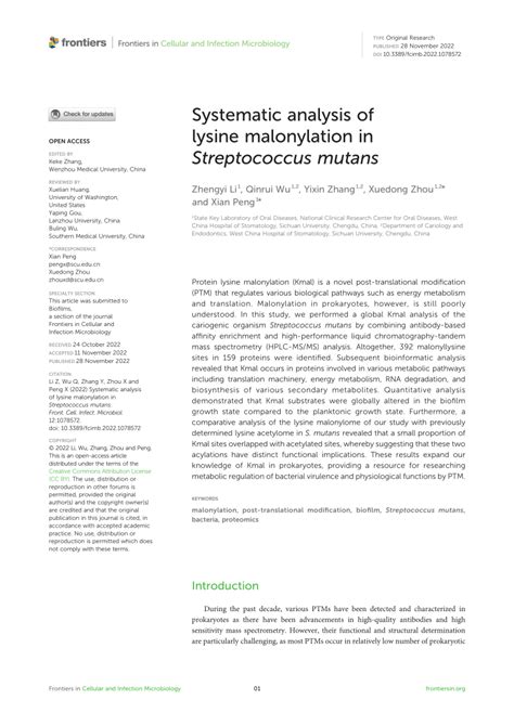 Pdf Systematic Analysis Of Lysine Malonylation In Streptococcus Mutans