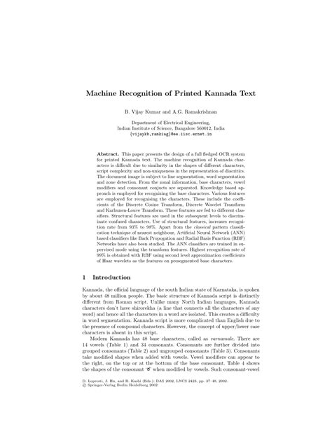 Pdf Machine Recognition Of Printed Kannada Text